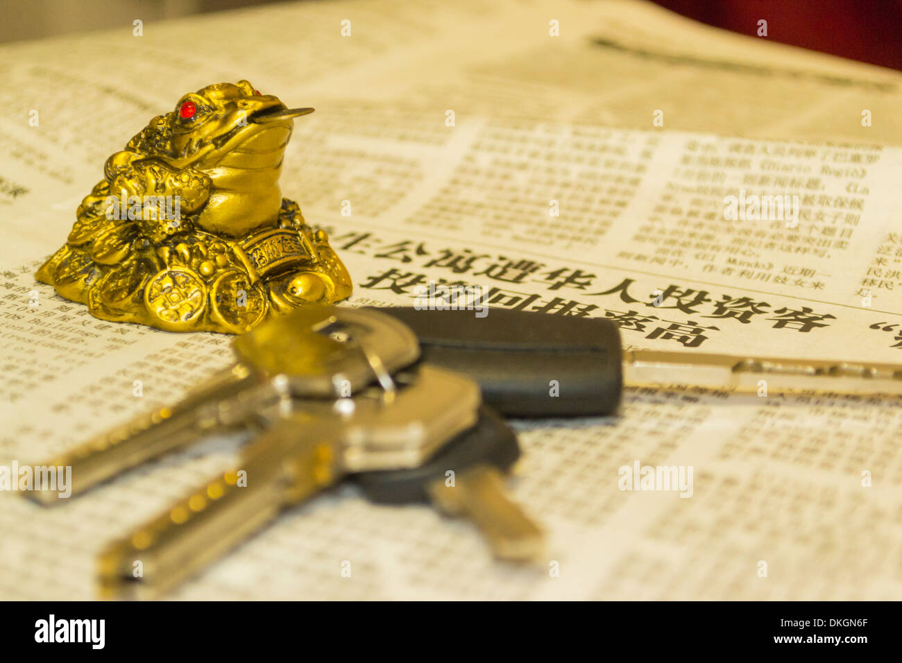 Money toad on Chinese newspaper and house keys - close-up on the toad ...