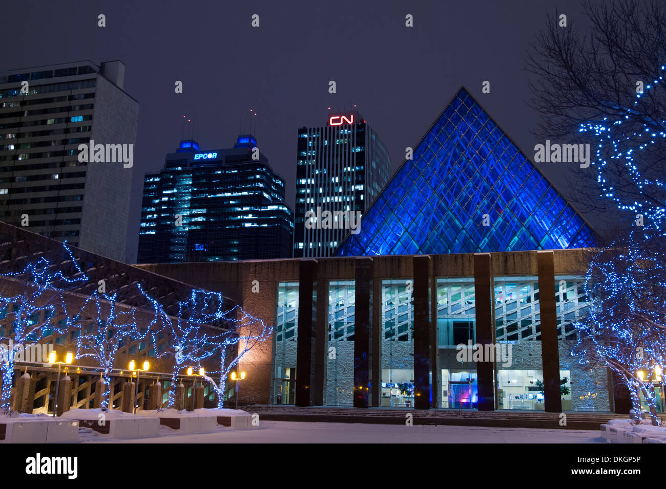 A night view of Edmonton City Hall, Sir Winston Churchill Square, and ...