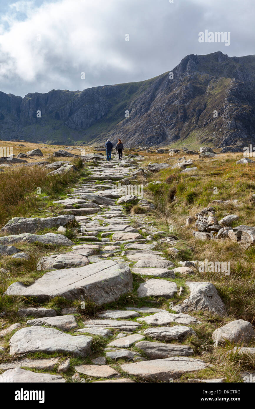 Hikers in the Ogwen Valley with the Glyderau mountain range in front ...