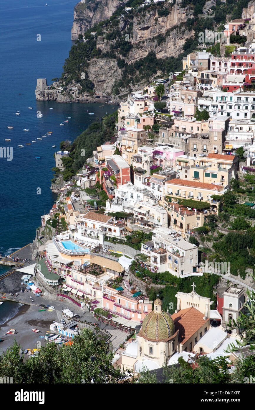 View of Positano with the typical majolica dome of Santa Maria Assunta ...