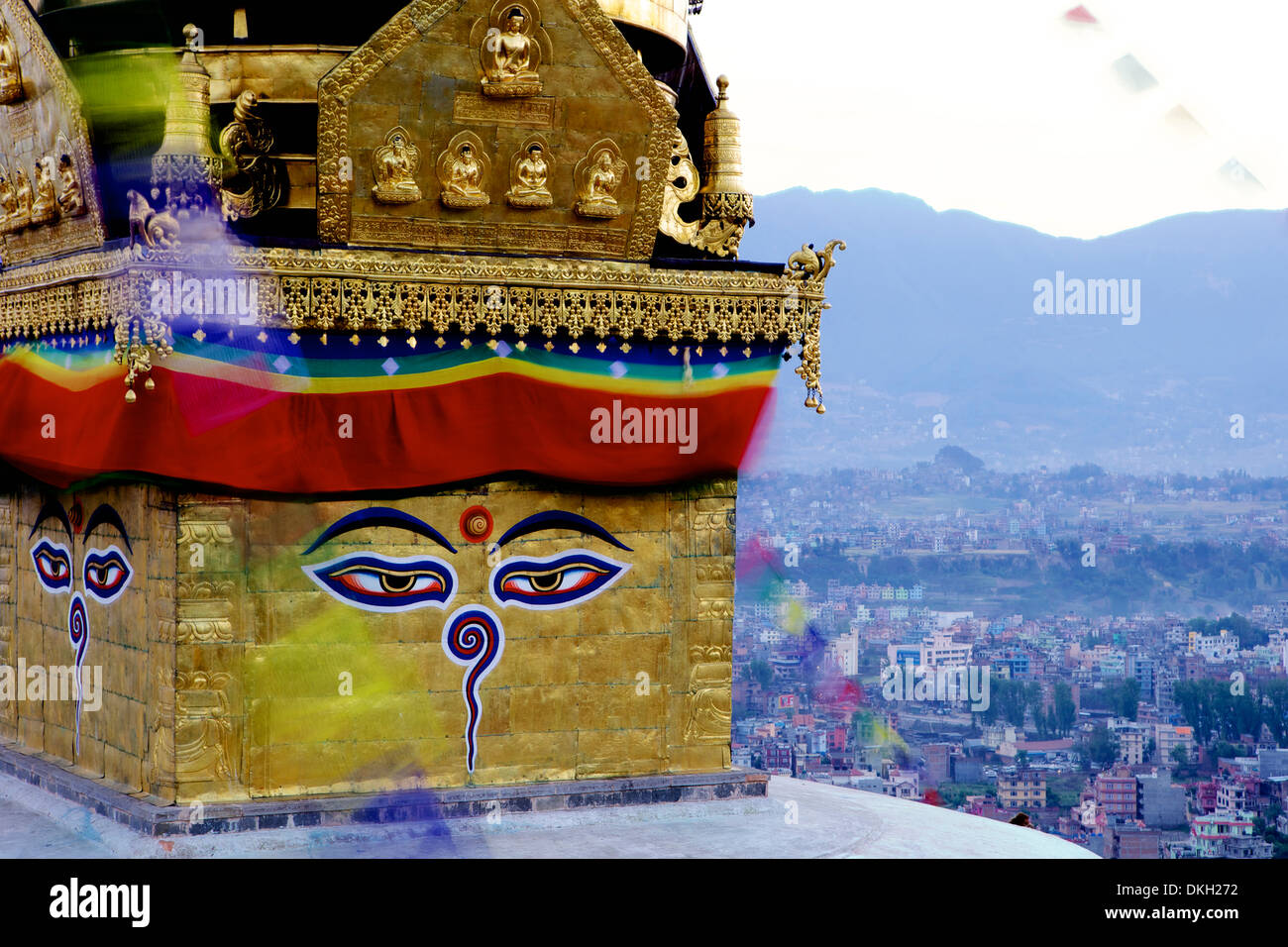 Higher view of the Buddhist stupa, Swayambu (Swayambhunath) (Monkey ...