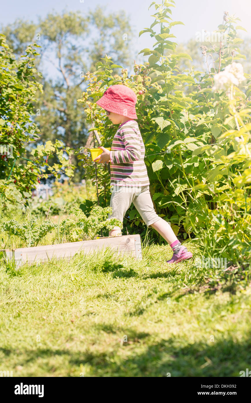 Side view of young child walking in garden helping with the chores ...