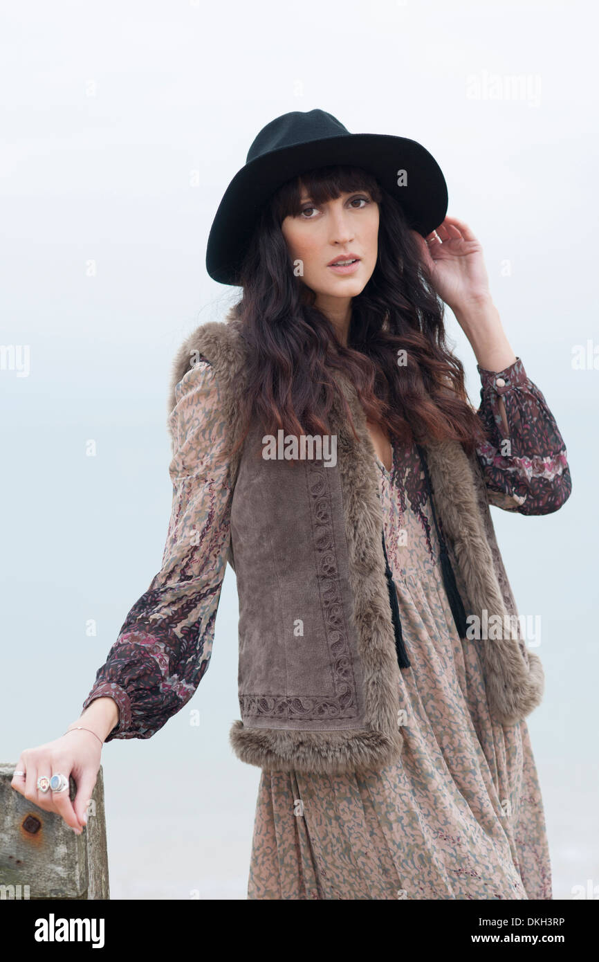 bohemian fashion style, woman wearing a hat Stock Photo - Alamy