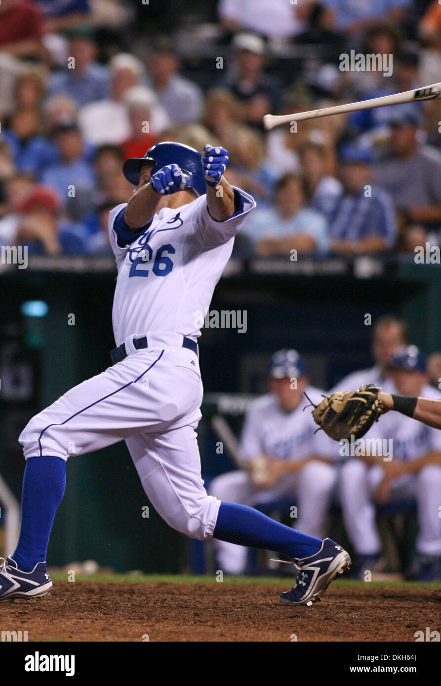 22 July 2009: Kansas City Royals' Ryan Freel looses grip of his bat in ...
