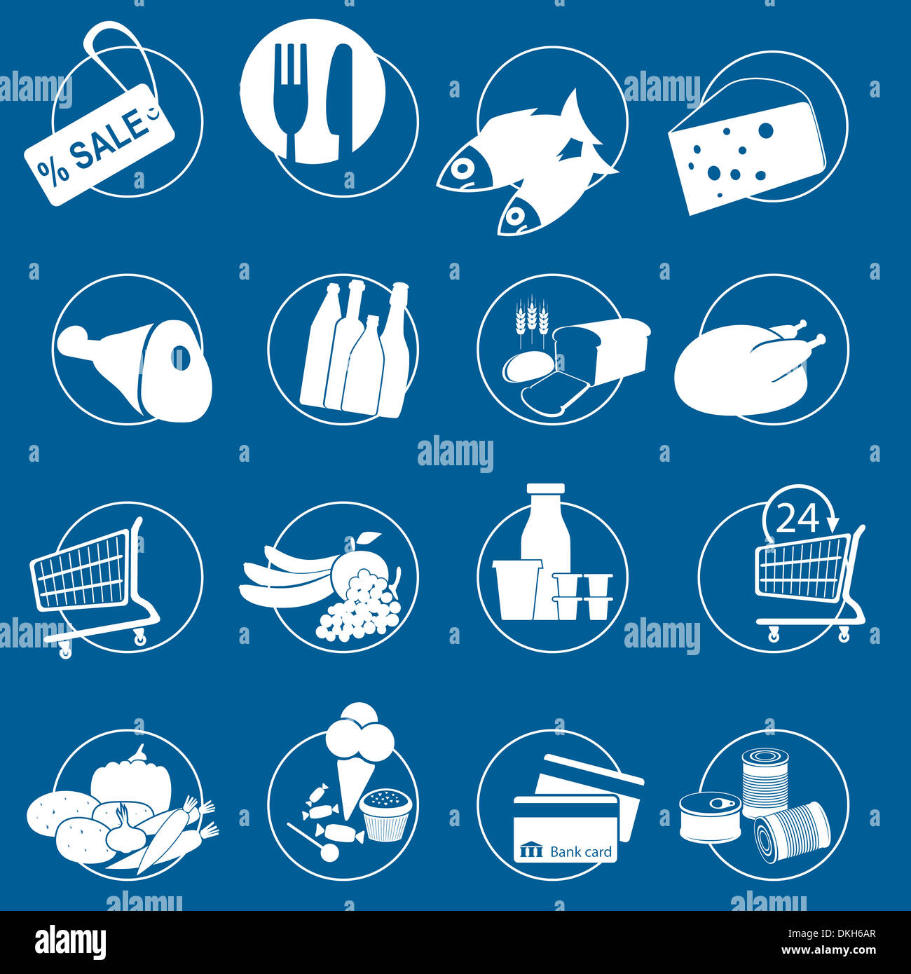 Gastronomy and food symbols for Supermarket on blue, illustration Stock ...