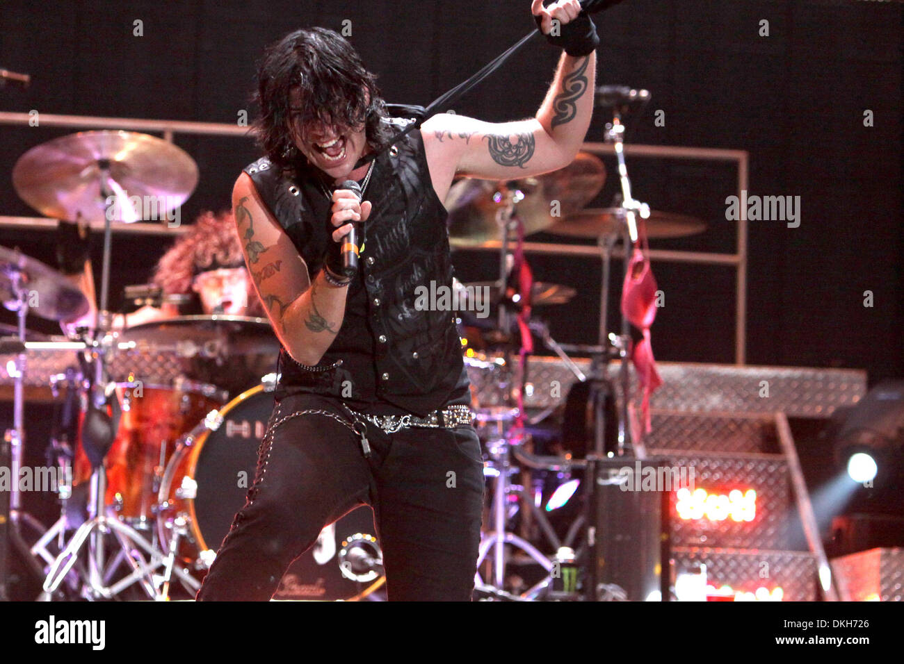 Austin Winkler, lead singer of Hinder, performs on stage at the Molson ...