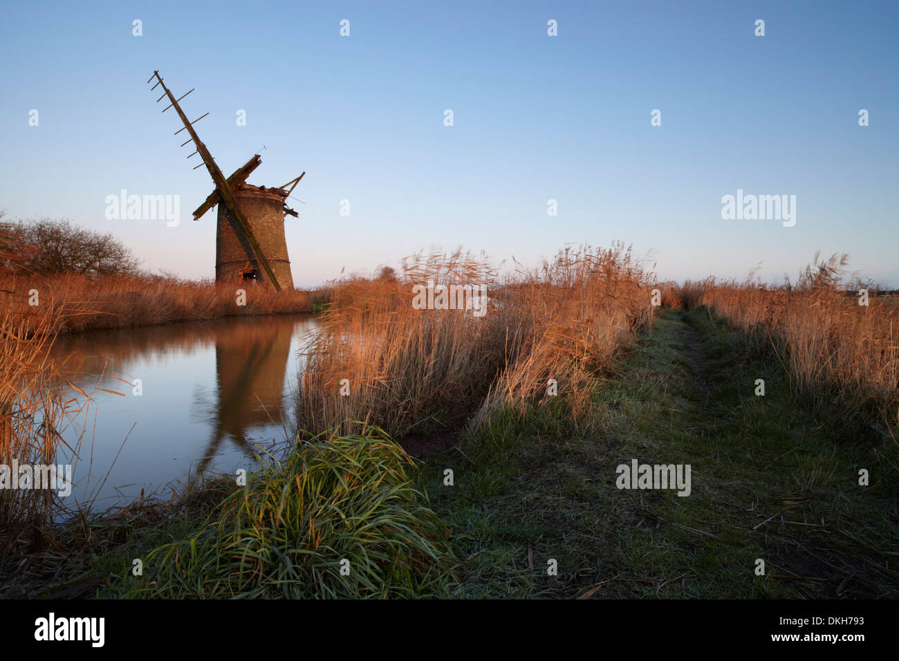 An early morning view of Brograve Mill near Horsey, Norfolk, England ...