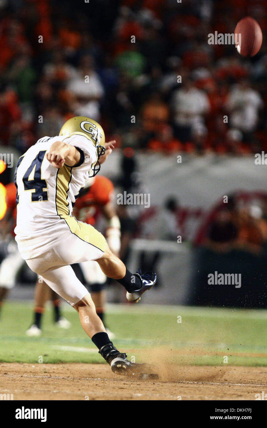 Georgia Tech kicker Scott Blair (14)kicks offf during game action. The ...