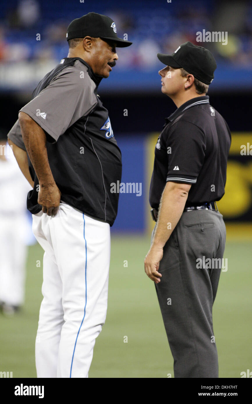 Toronto Blue Jays manager Cito Gaston talks with an umpire during a ...