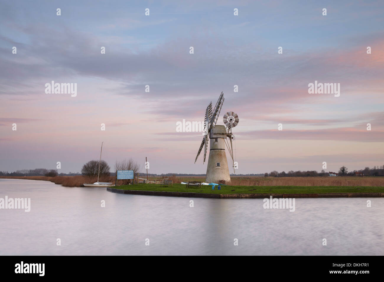 Dawn sky in the Norfolk Broads at Thurne, Norfolk, England, United ...
