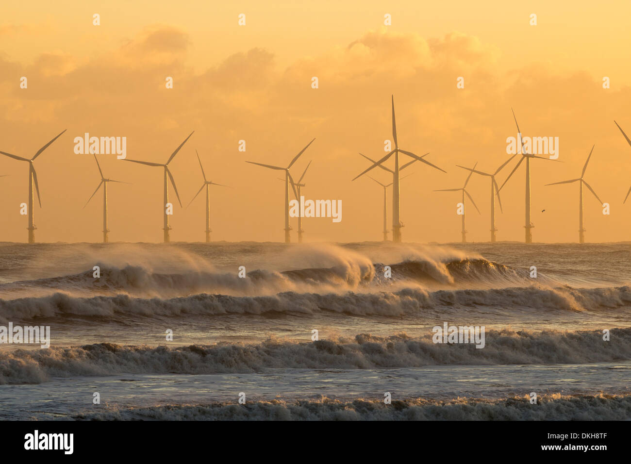 Teesside offshore wind farm on the north east coast at sunrise. England ...