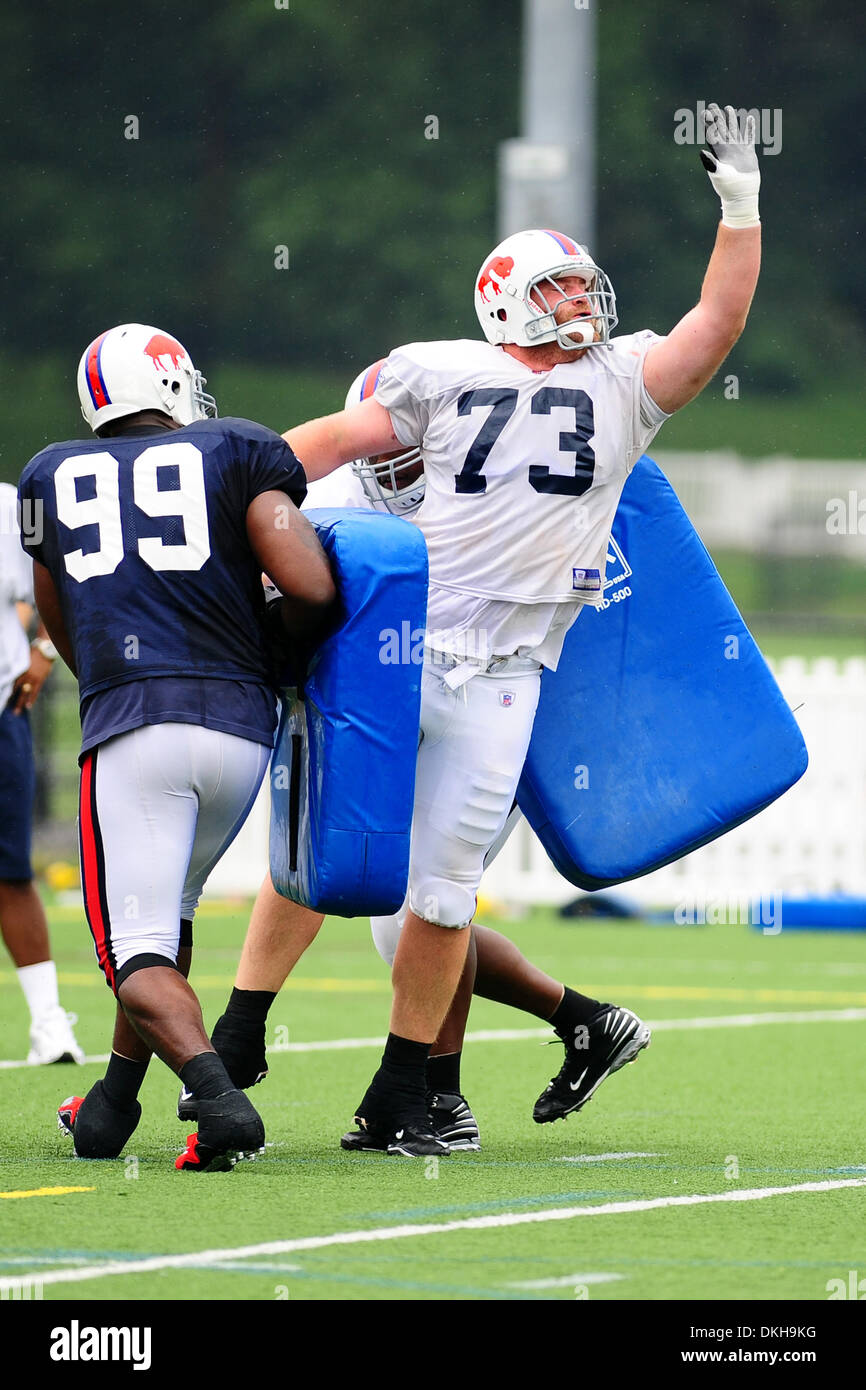 Buffalo Bills Kirk Chambers leaps to block a kick during special team drills at Wednesday's ...