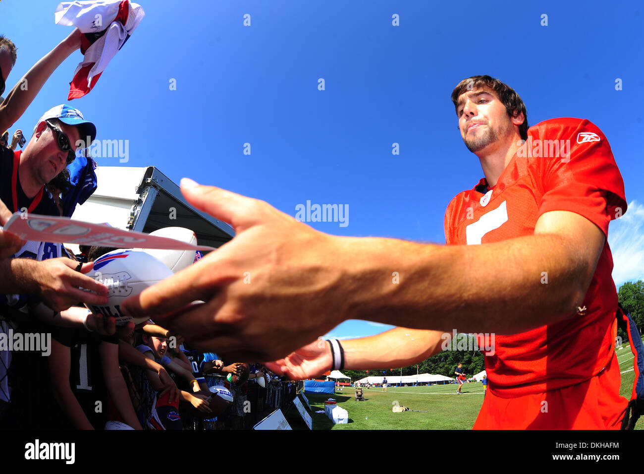 Buffalo Bills quarterback Trent Edwards reaches for a card to sign ...