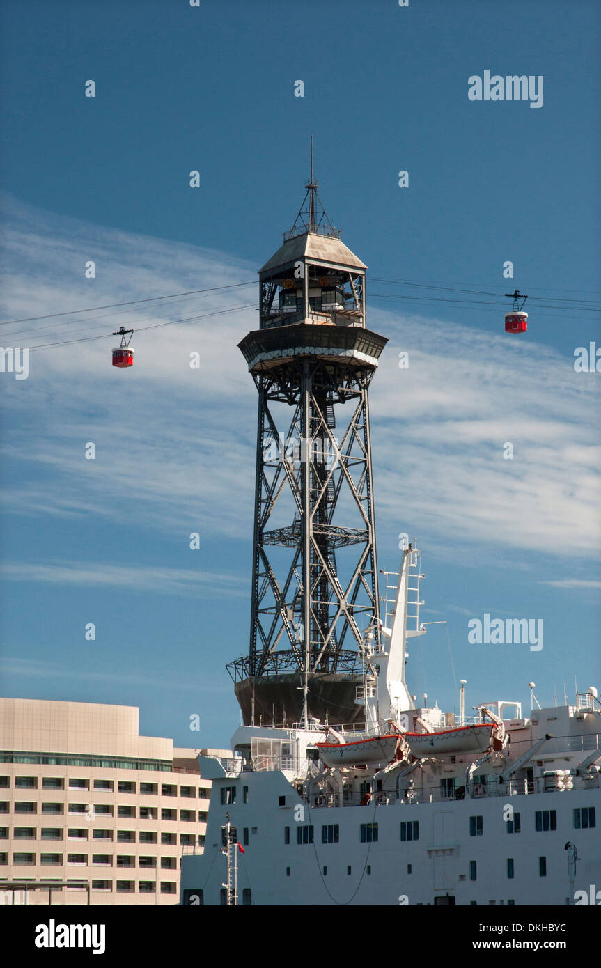 cable car support with two red cable cars port vell harbour barcelona ...