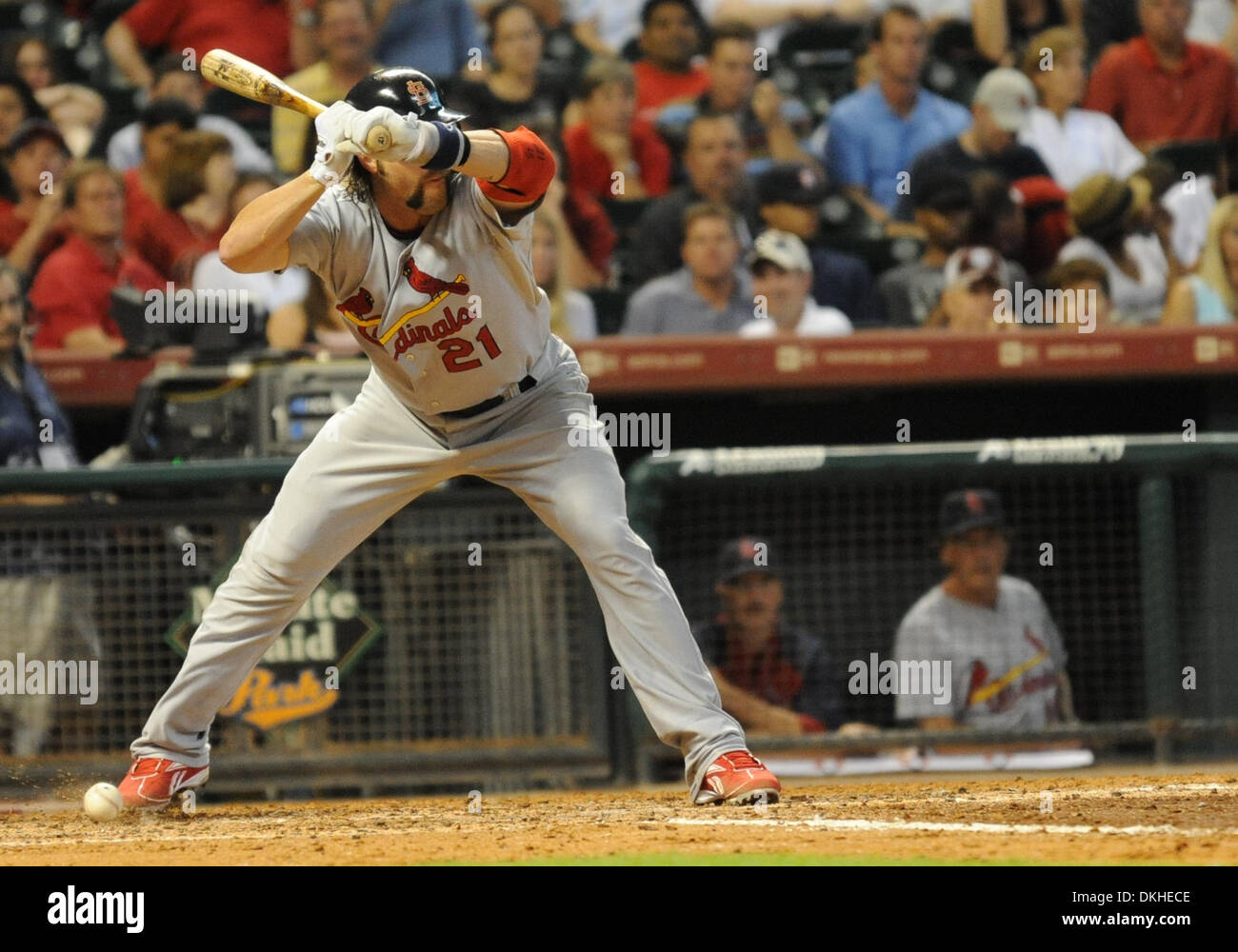 St. Louis catcher, Jason LaRue, is hit by a pitch during a National ...