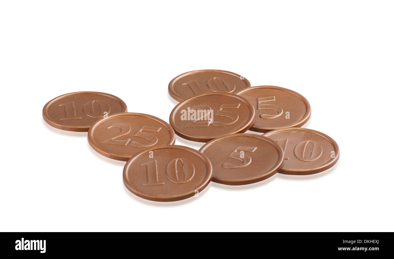 plastic coins toy isolated on white background Stock Photo - Alamy