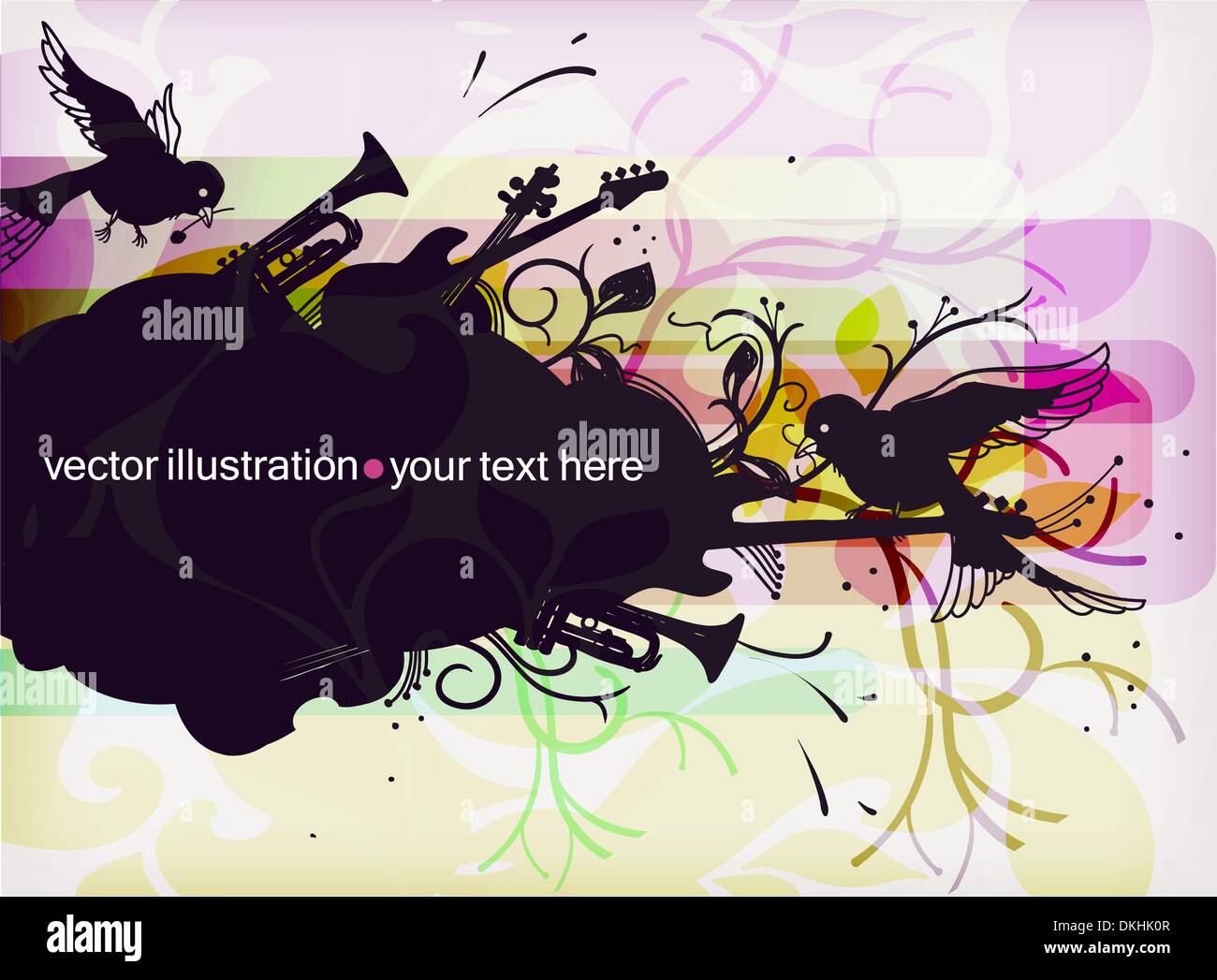 vector frame with flying birds and musical instruments : guitars ...