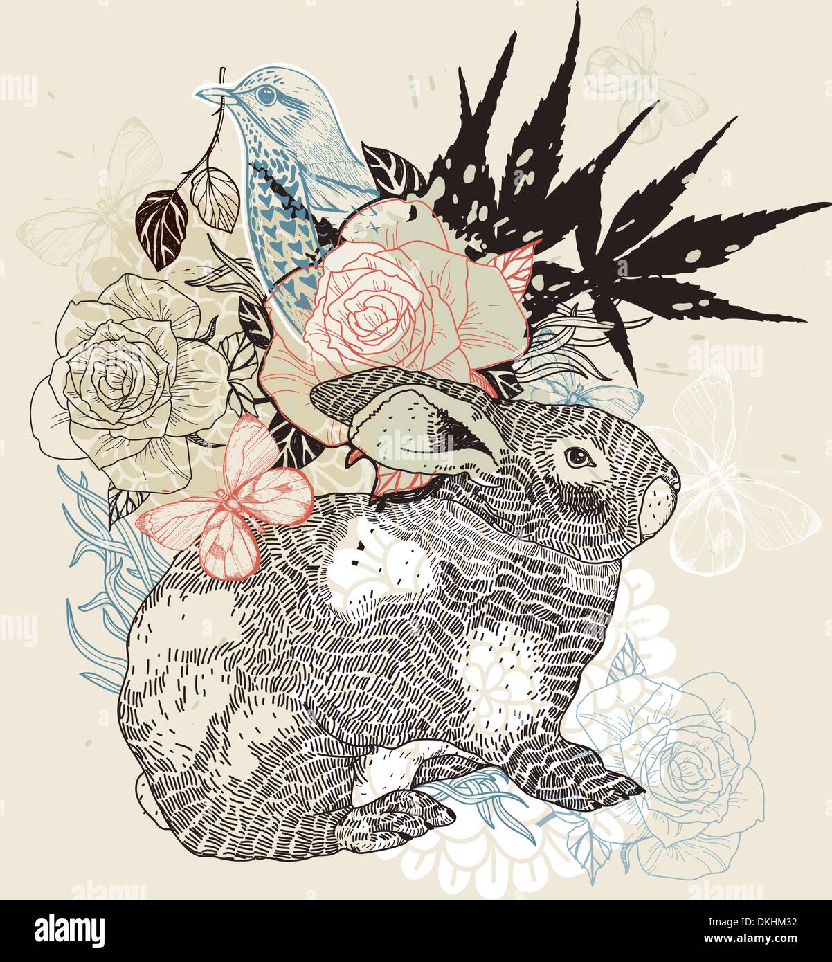 vector illustration of a rabbit, birds , butterflies and an abstract ...