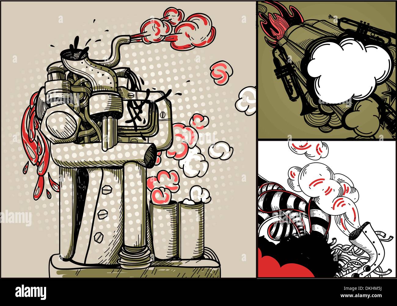 vector set of hand drawn cards with fantasy machines and pipes Stock ...