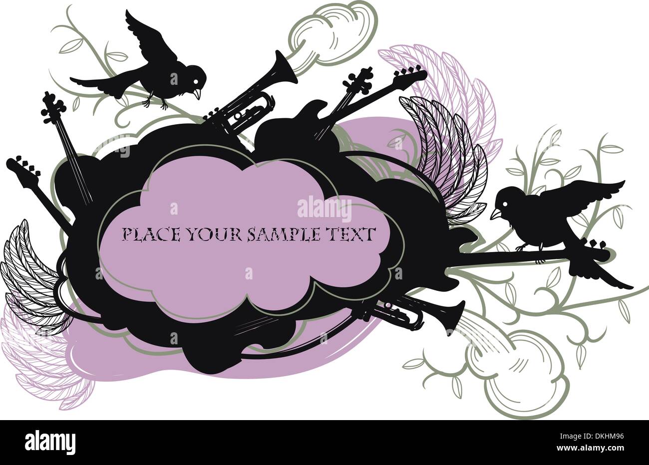 vector frame with flying birds, musical instruments and fantasy wings ...