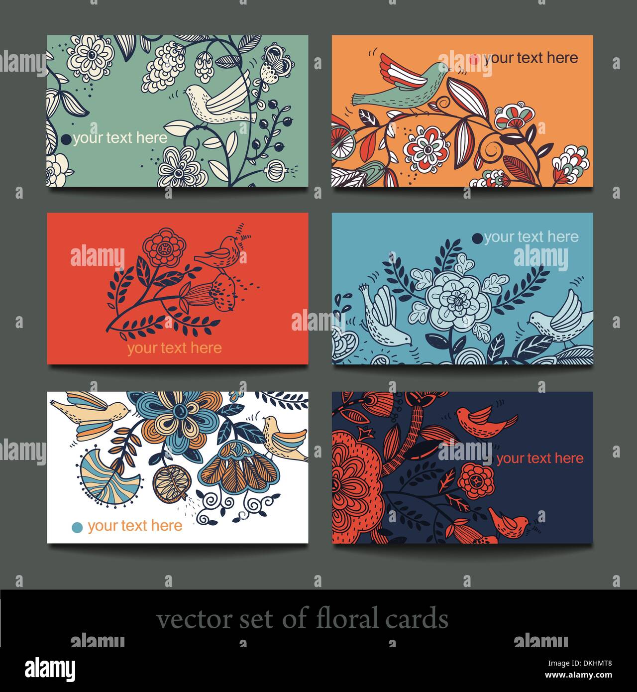 vector set of colorful floral cards with fantasy plants and birds Stock ...