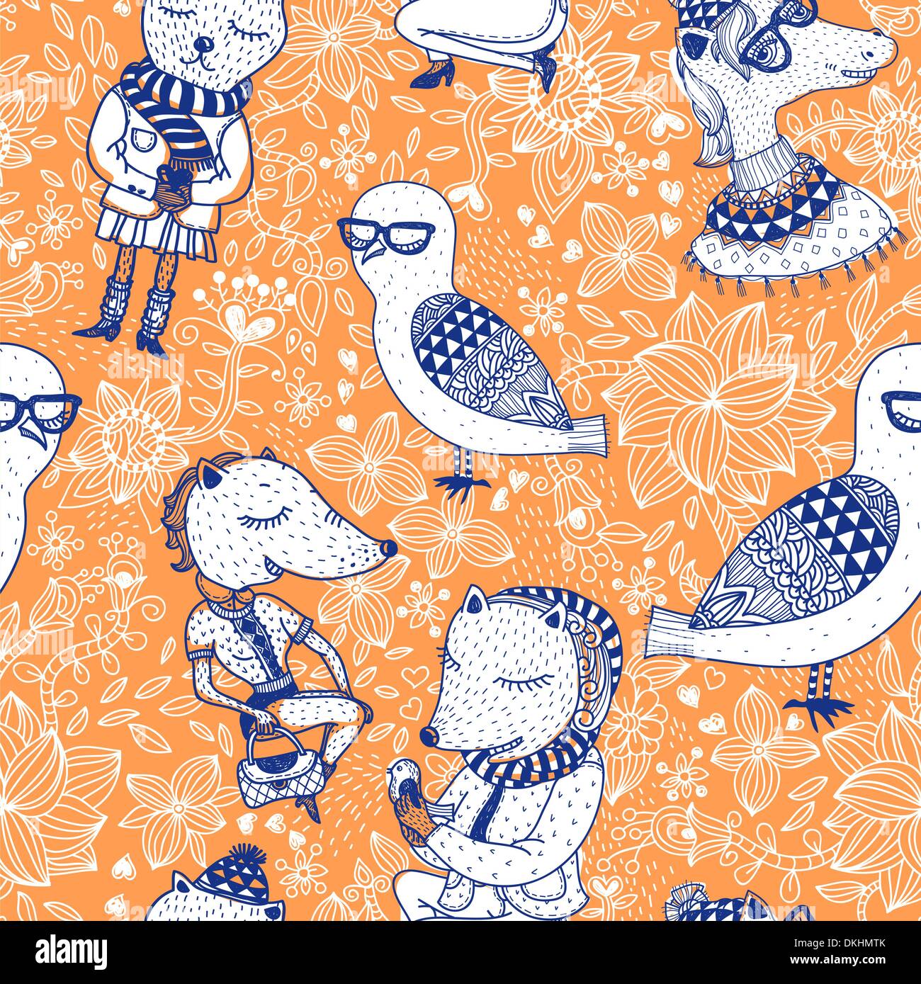 vector seamless pattern with funny animals on a floral background Stock ...