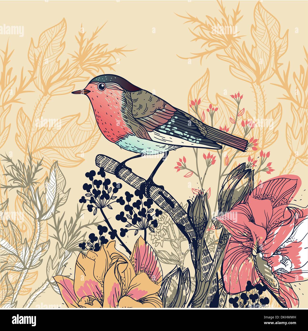 vector floral illustration of a little bird and blooming flowers Stock ...