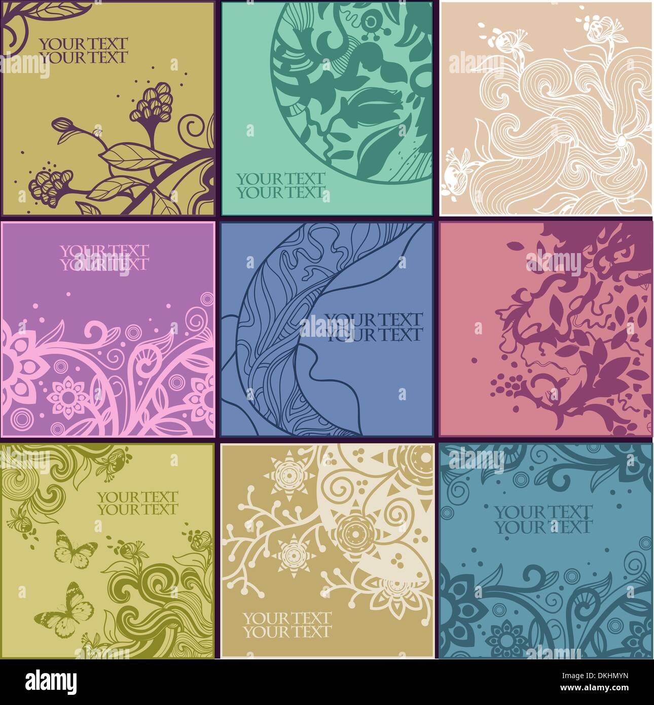 floral set of 9 hand drawn cards with blooming flowers and fantasy ...