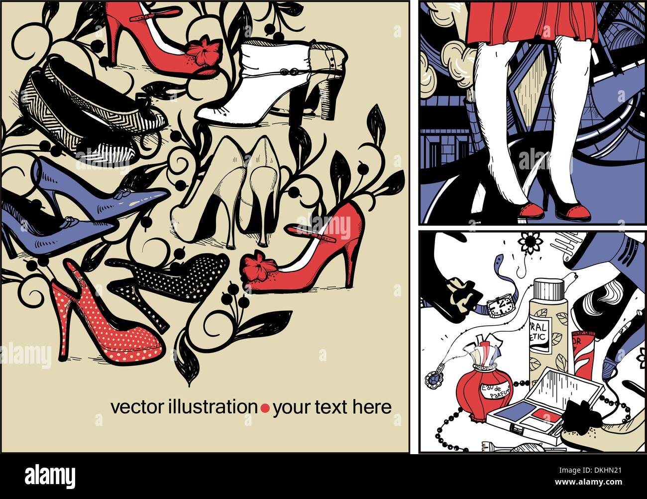 vector set of three hand drawn cards with fashion shoes,cosmetics and a ...