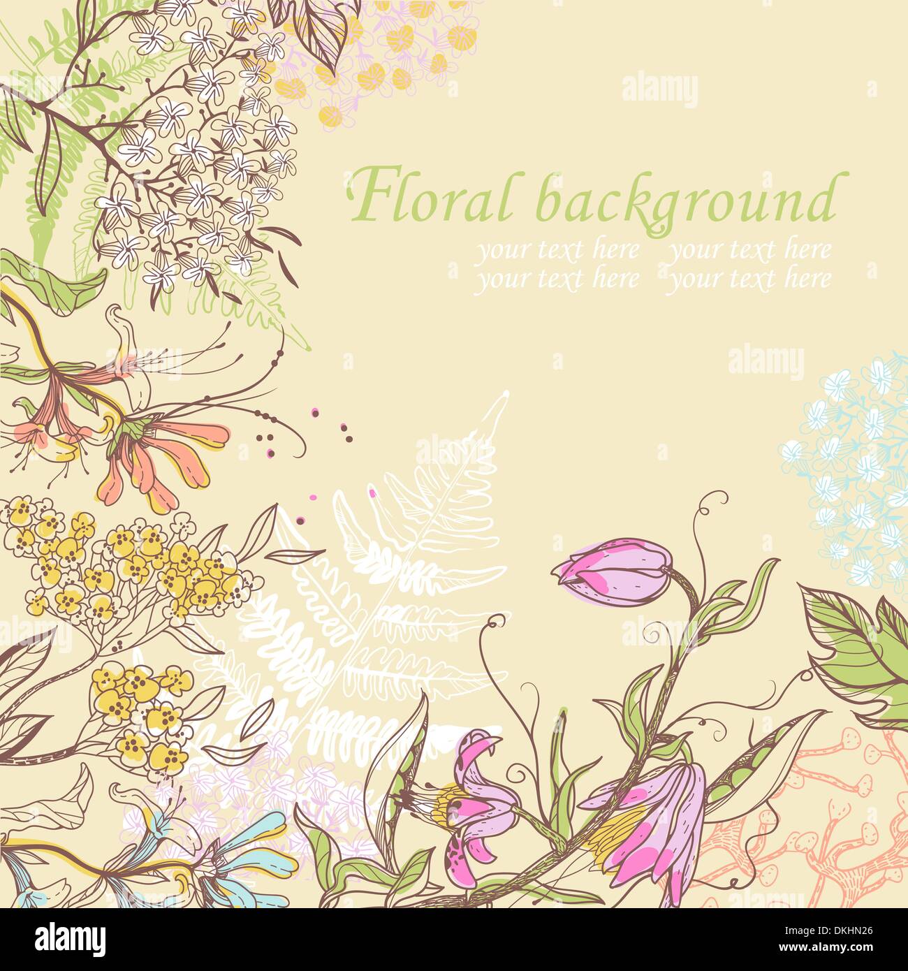 vector floral background with hand-drawn blooming flowers Stock Vector ...