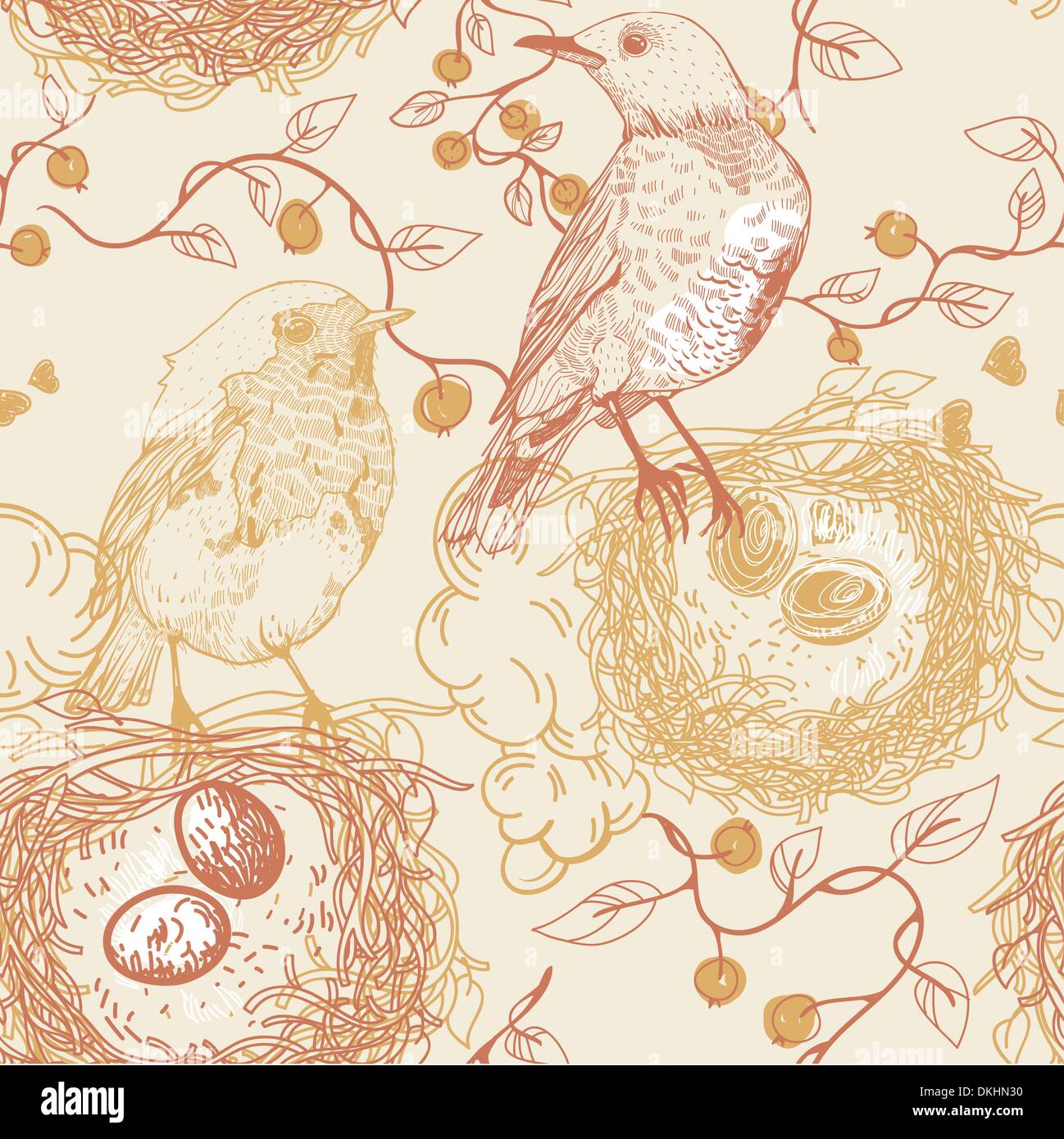 vector seamless pattern with birds, nests and berries Stock Vector ...