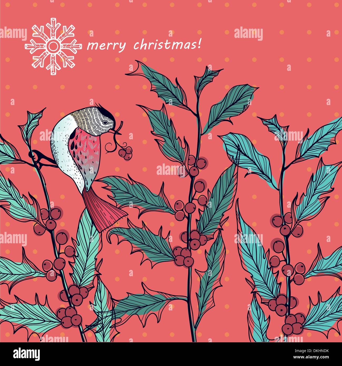 Christmas vector illustration of a little bird and holly Stock Vector ...