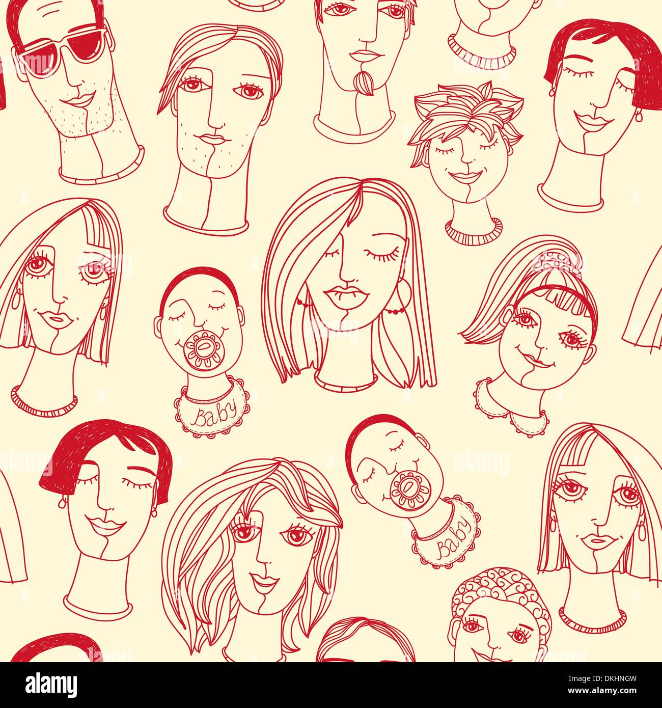 vector seamless pattern with hand drawn portraits of adults and kids ...