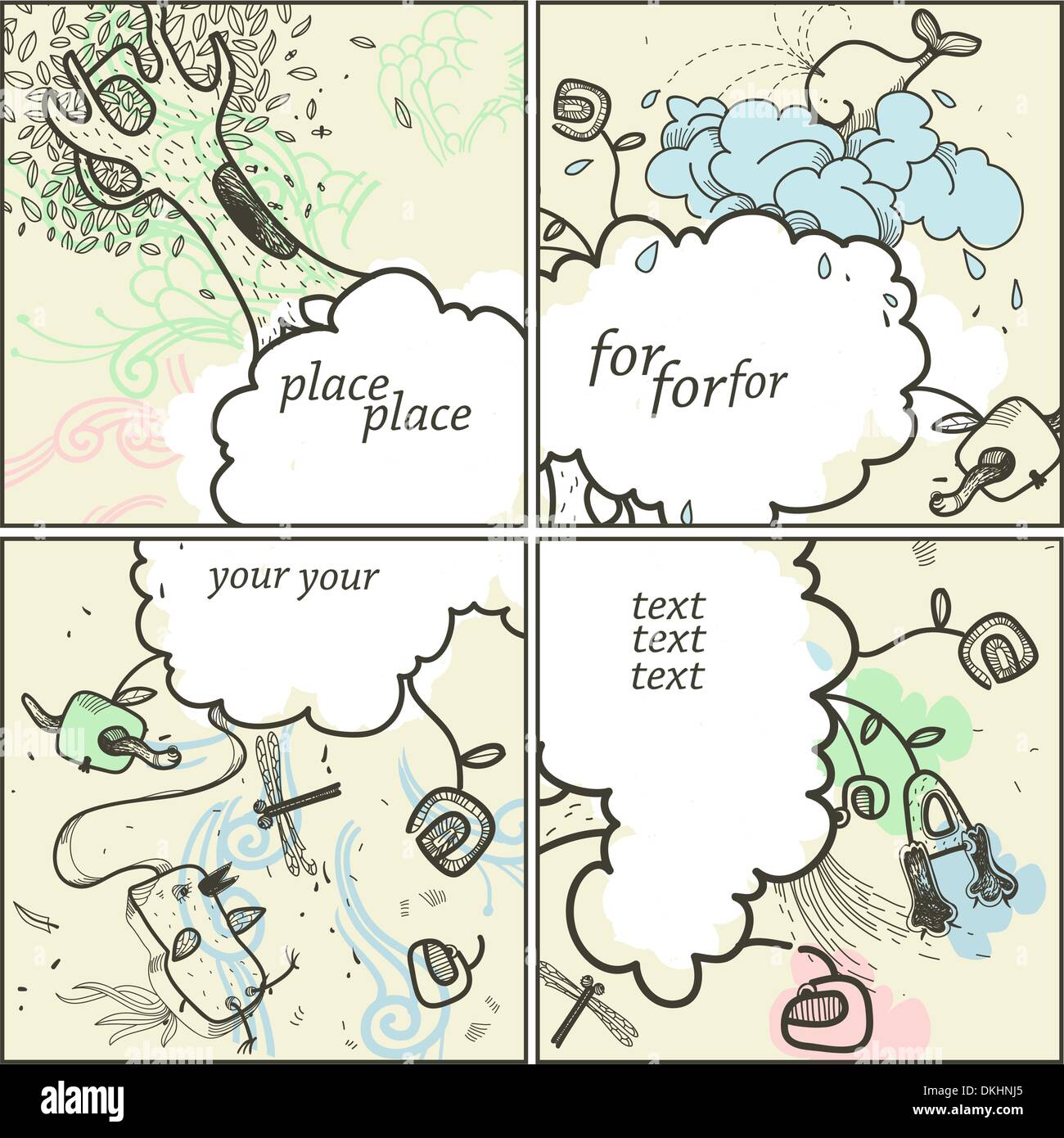 vector set of four hand drawn cards with fantasy clouds , cartoon ...