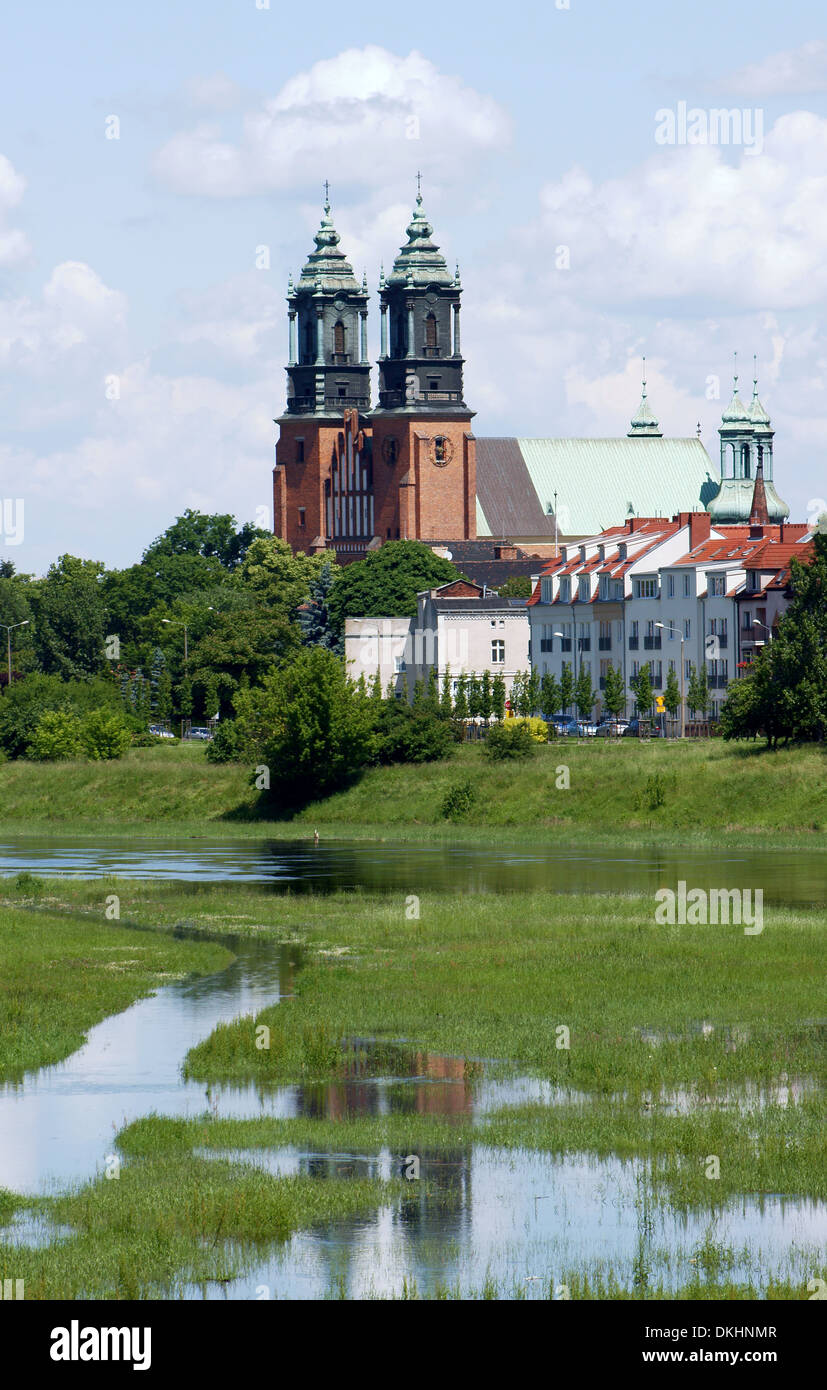 River Warta and Archicathedral Basilica in Poznan, Poland Stock Photo ...