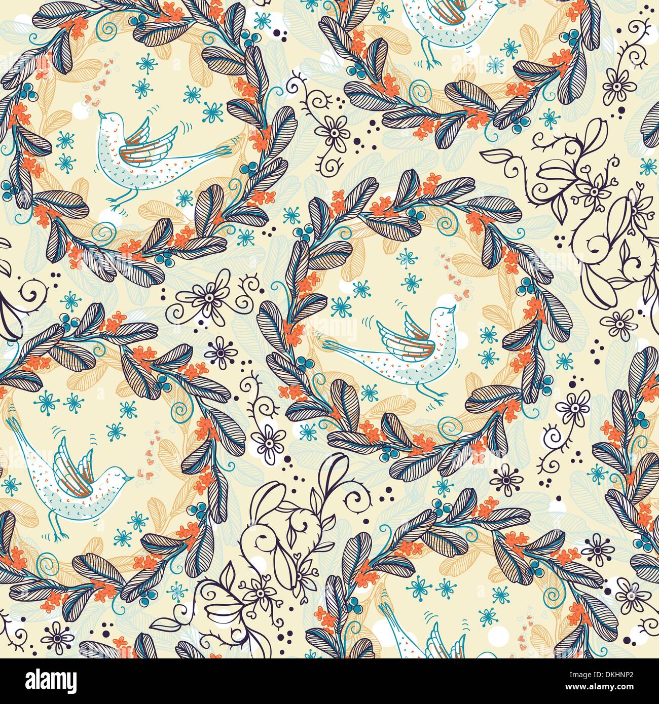 vector seamless floral pattern with garlands and birds Stock Vector ...