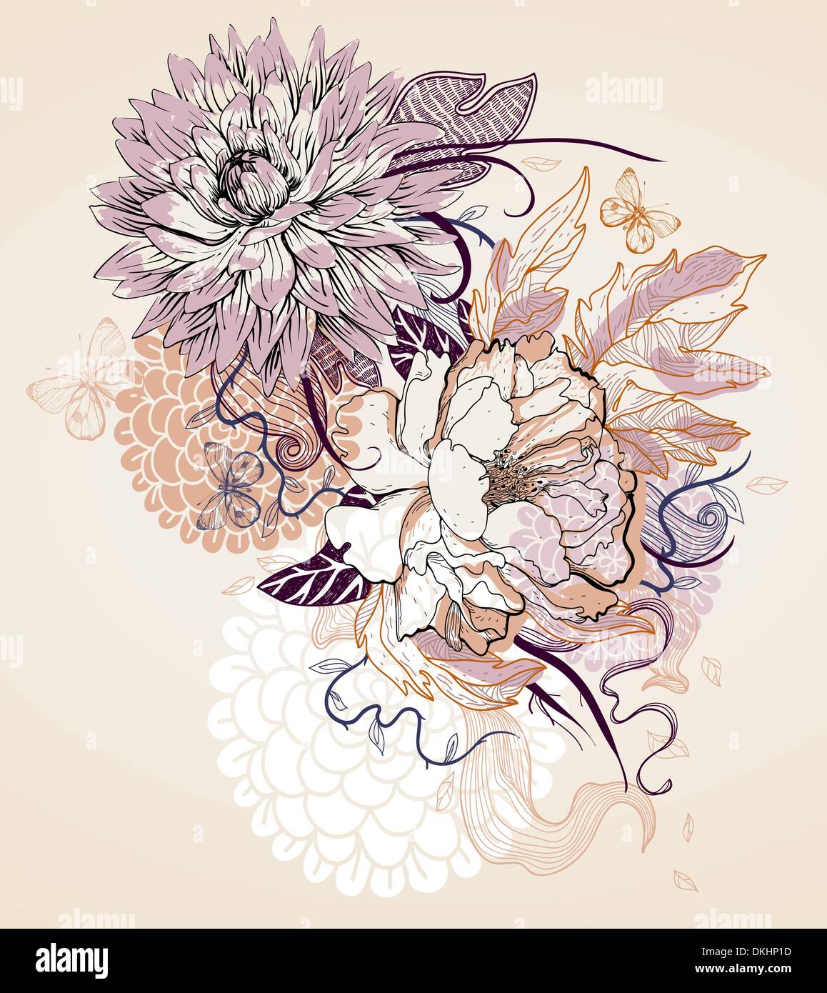 vector illustration of blooming flowers and flying butterflies Stock ...
