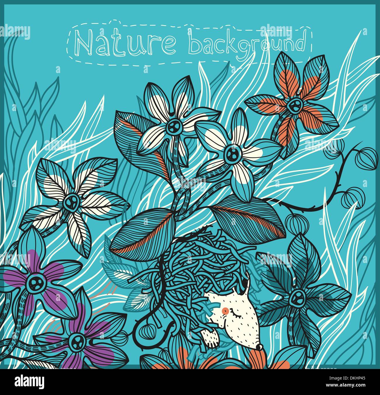 vector floral background with blooming flowers and a cute little animal ...