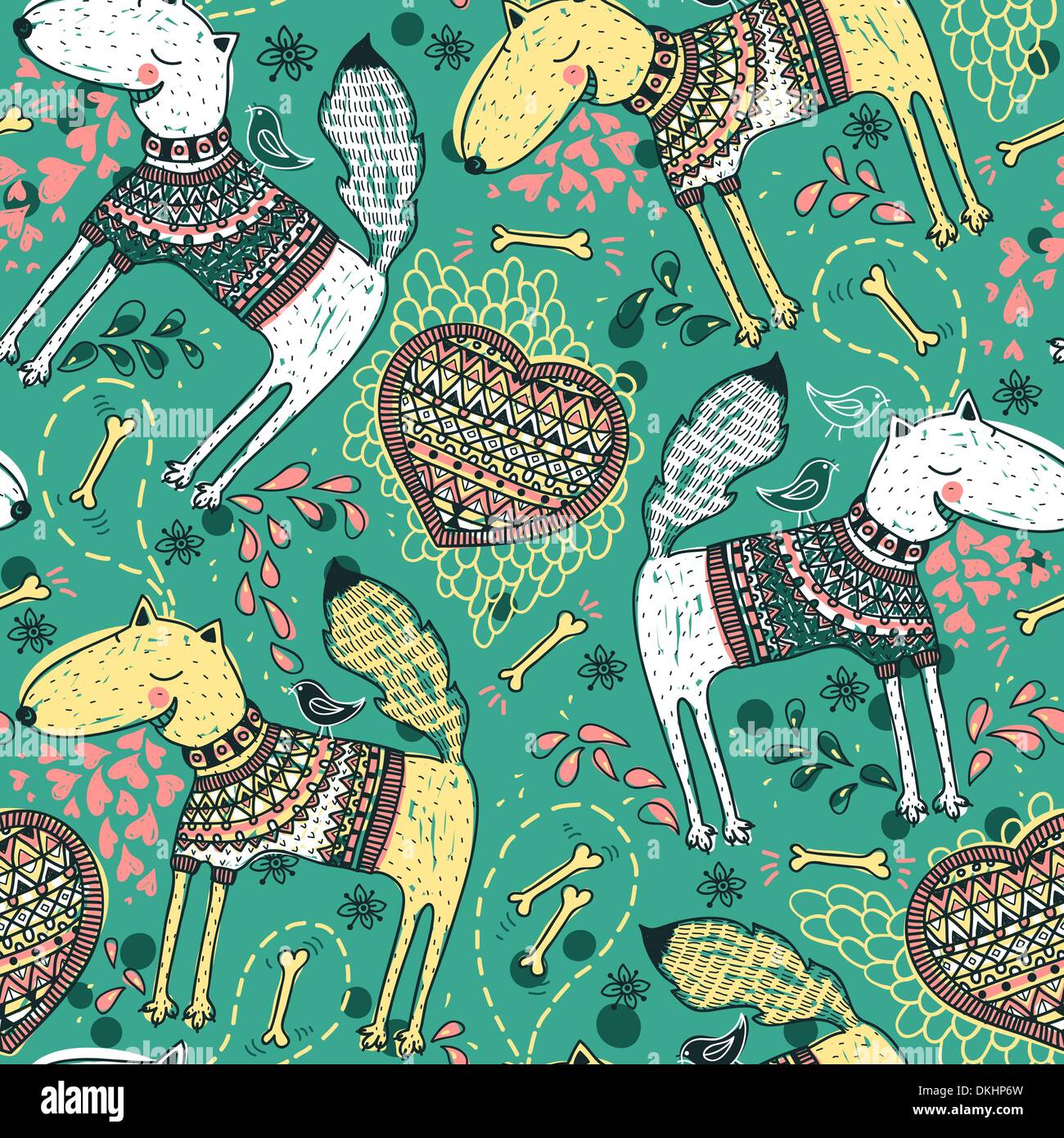 vector seamless pattern with funny dogs and knitted hearts Stock Vector ...