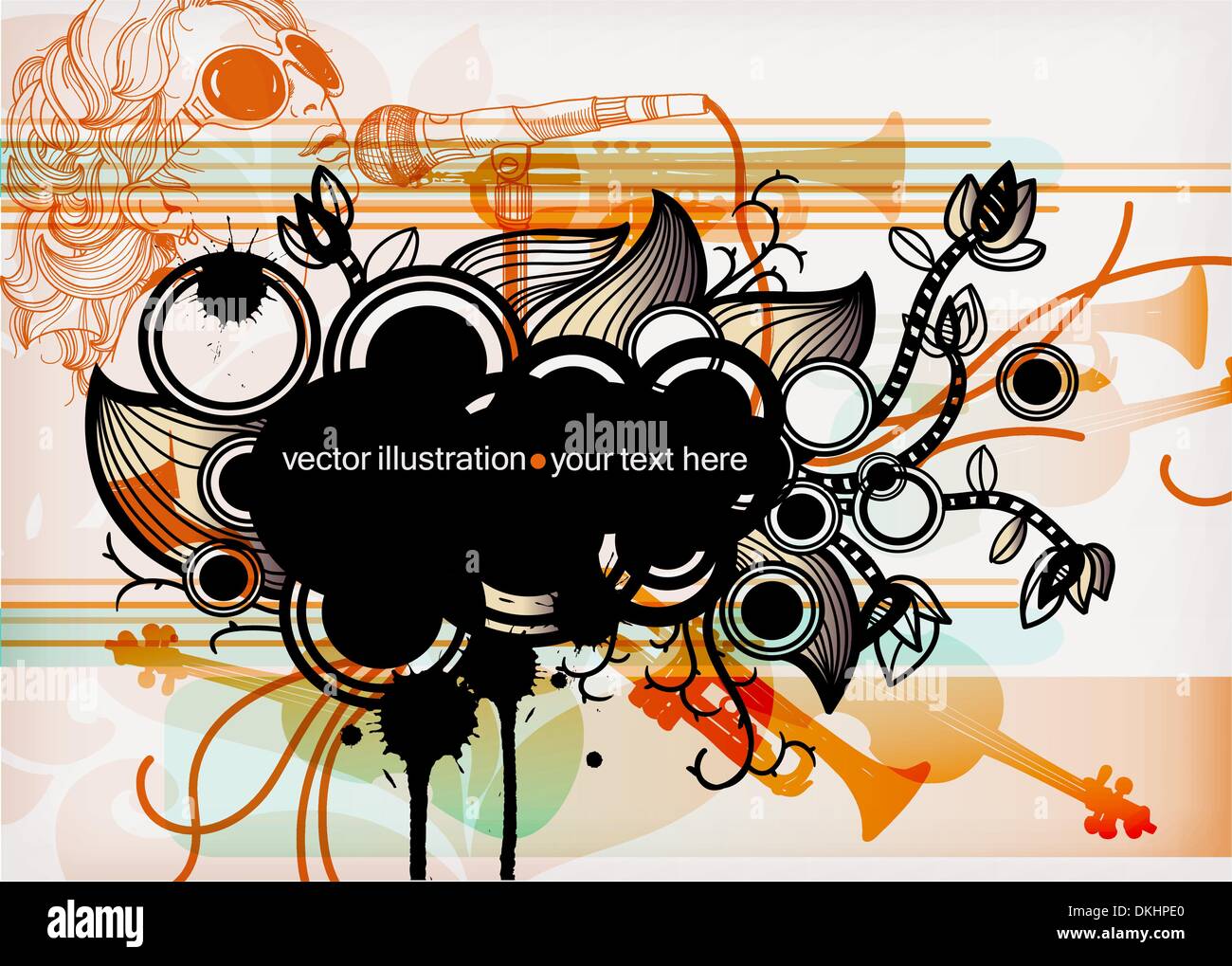 vector floral frame with abstract plants, music instruments and a ...