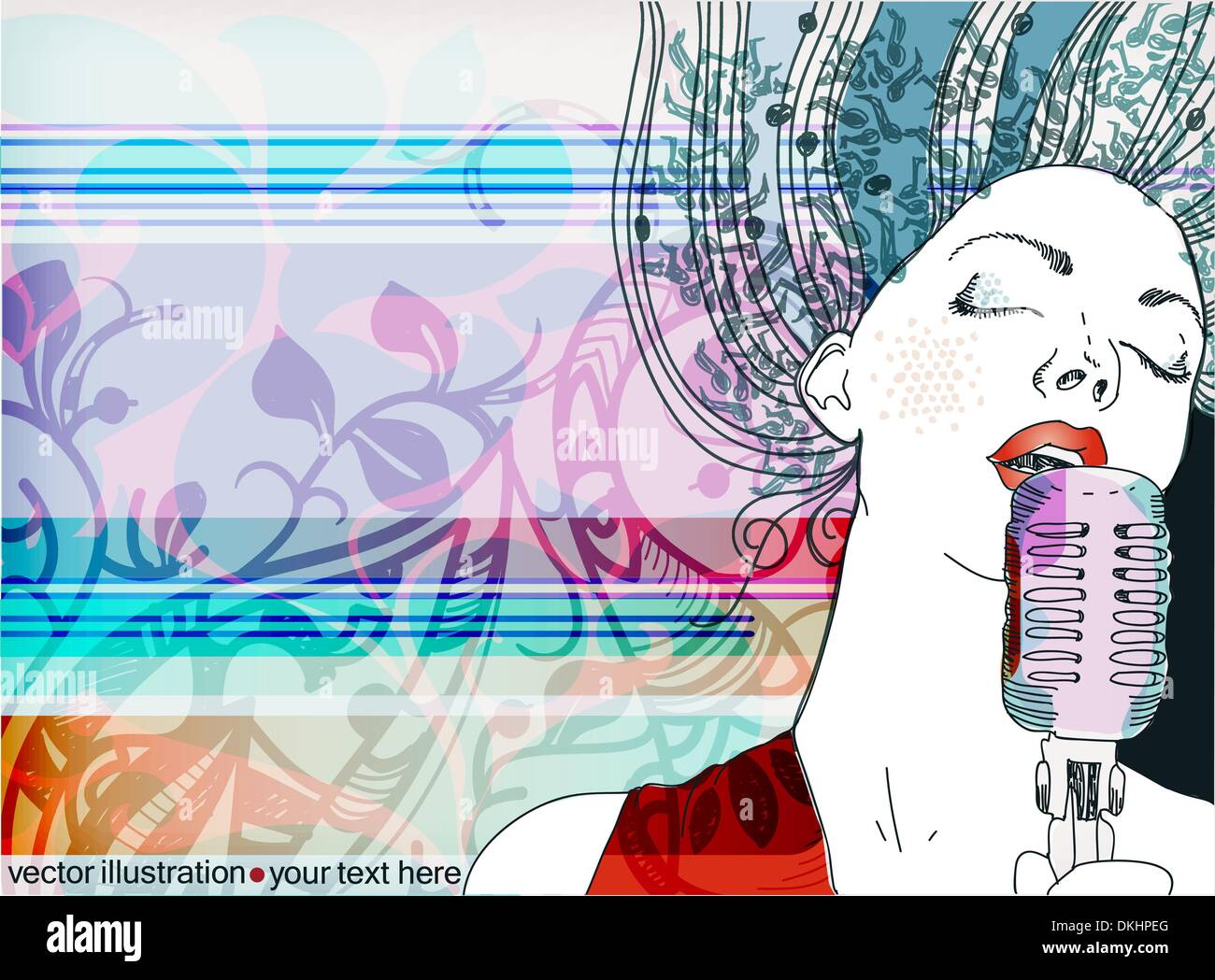 vector illustration of a pretty singer in a red dress with bright make ...