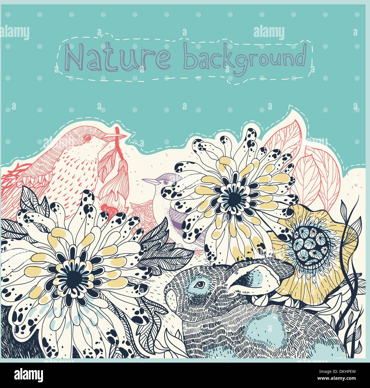 vector illustration of hand drawn fantasy flowers, birds and a rabbit ...