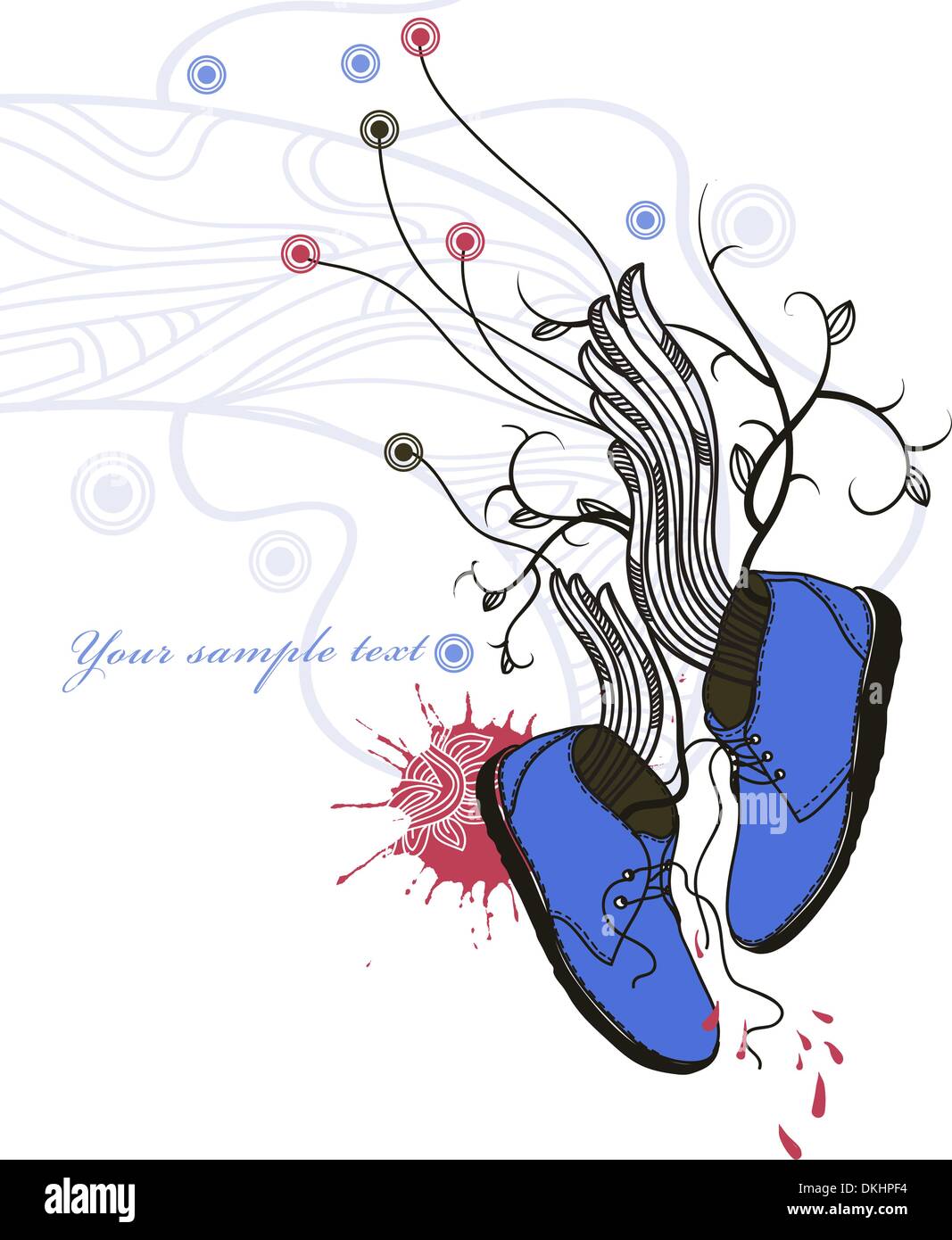 hand drawn background with fantasy blue boots and abstract wings and ...