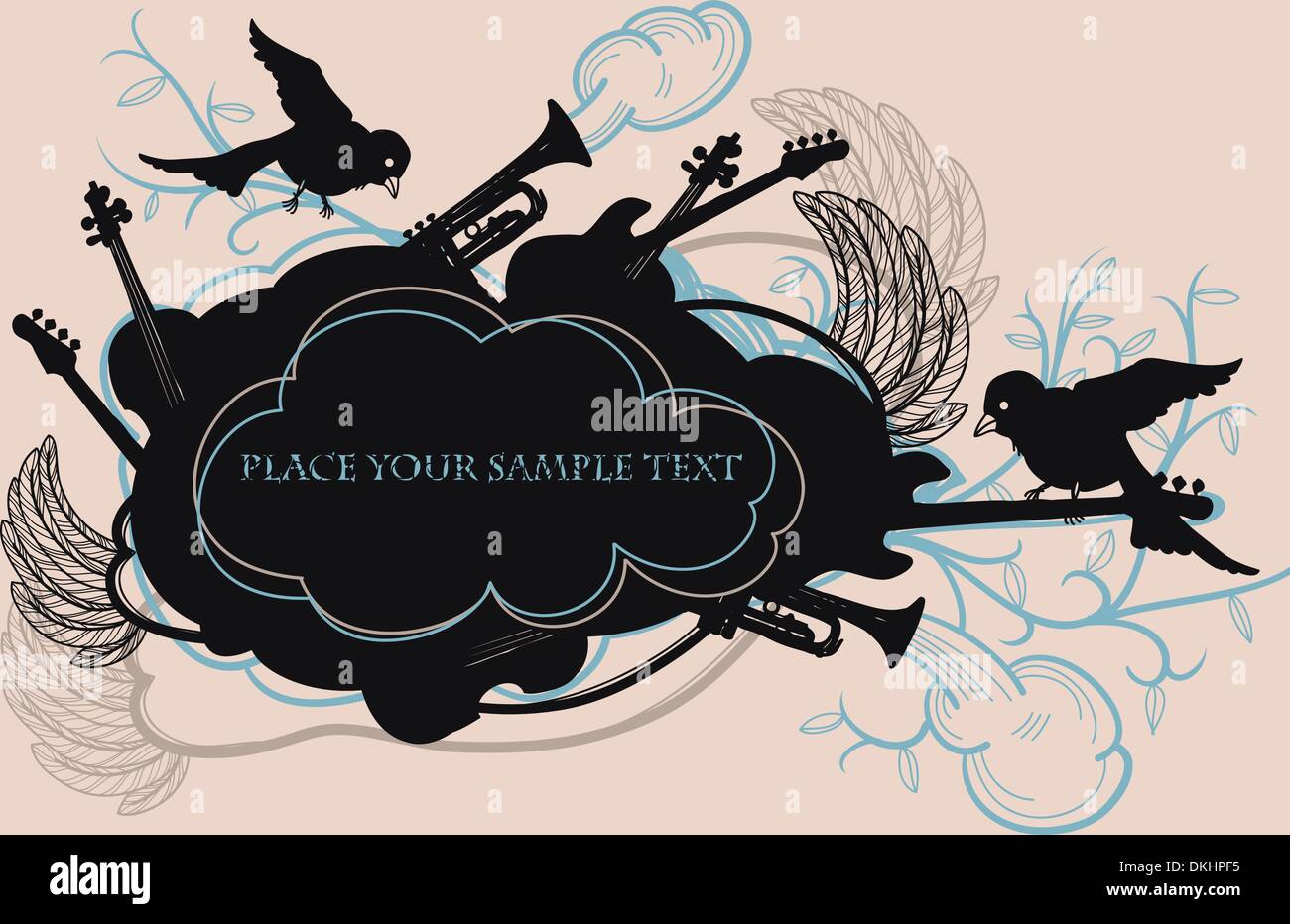 vector illustration of a black frame with flying birds and musical ...