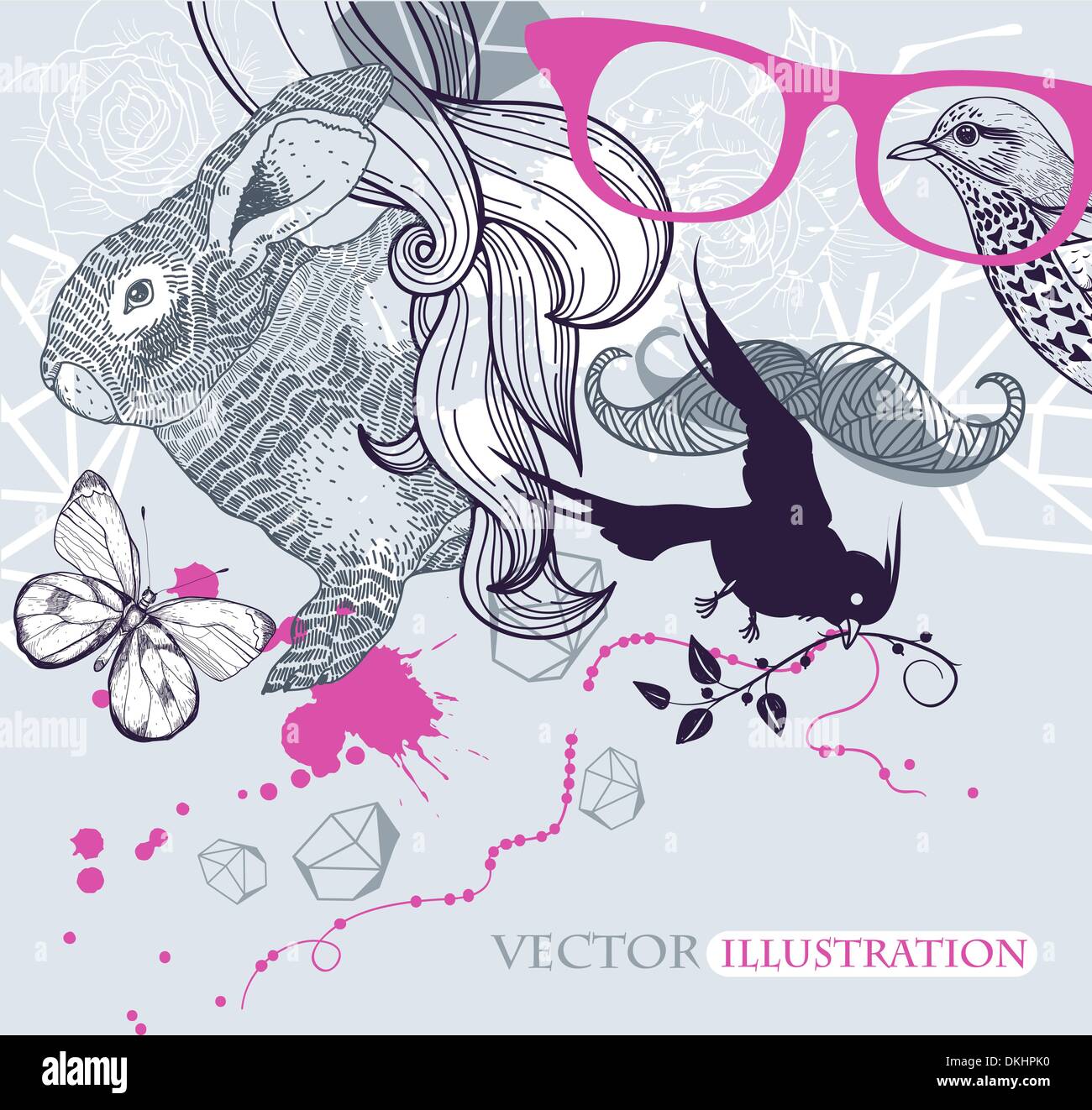 vector illustration of a rabbit, birds , butterflies and an abstract ...