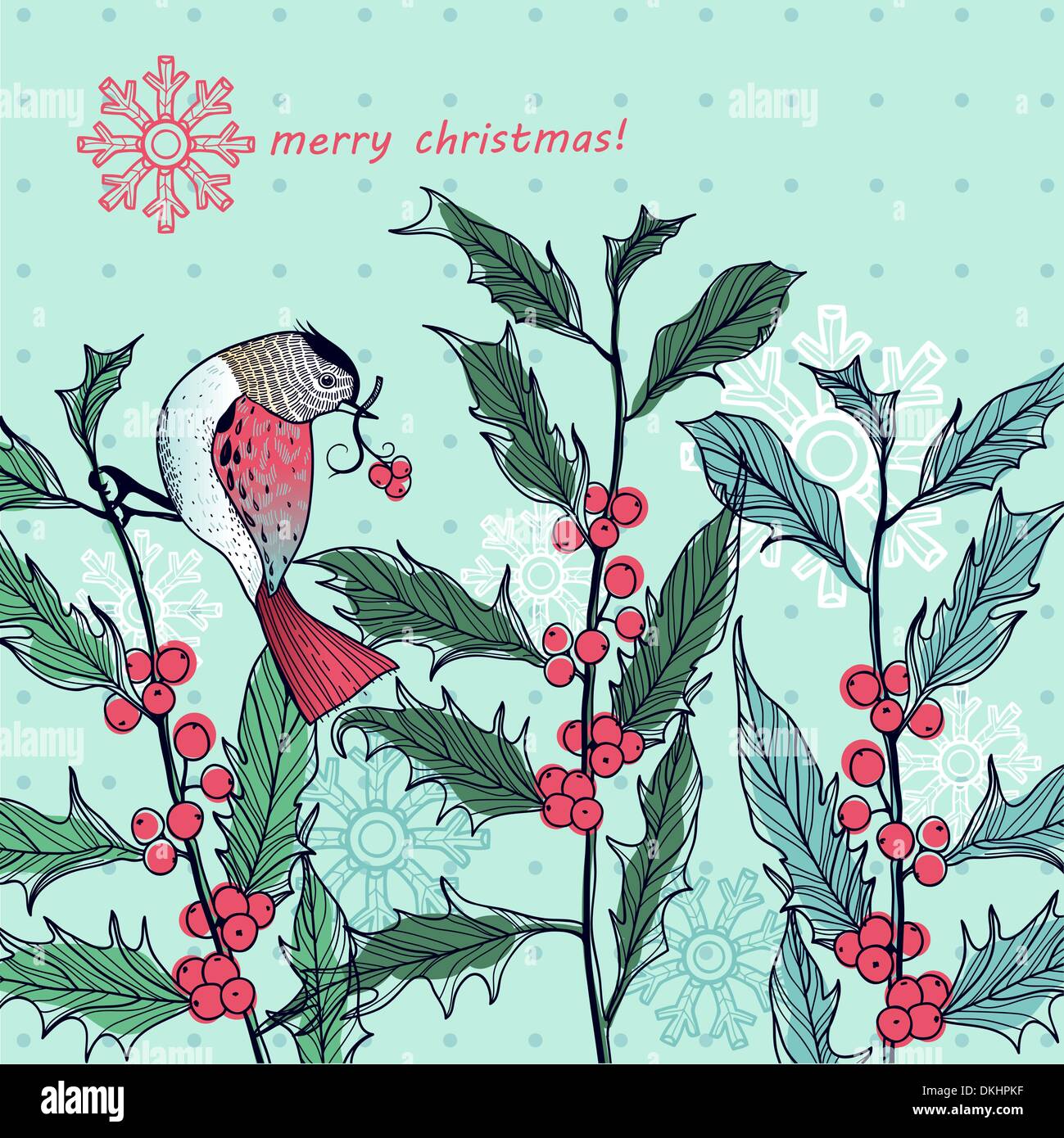 Christmas vector illustration of a little winter bird sitting on holly ...