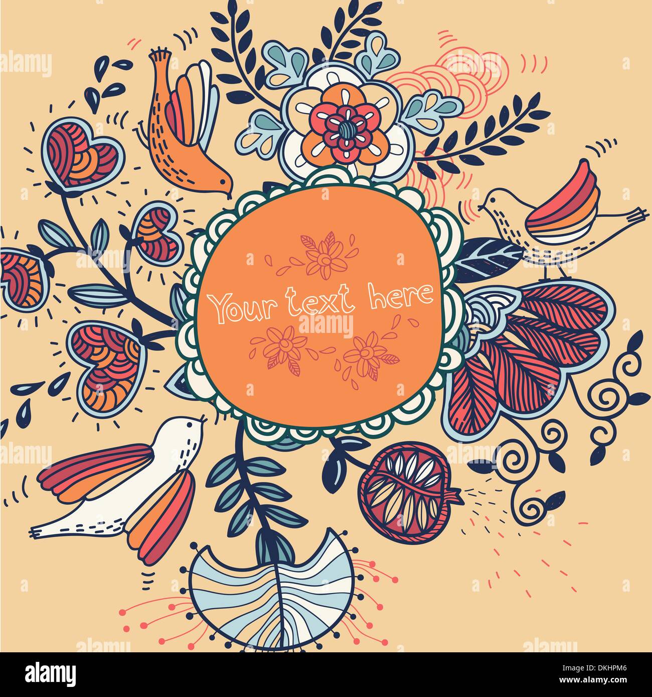 vector floral frame with colorful fantasy flowers and birds Stock ...