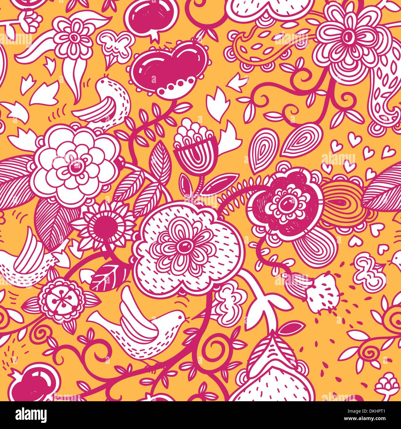 vector seamless floral pattern with pink doodles on a yellow background ...