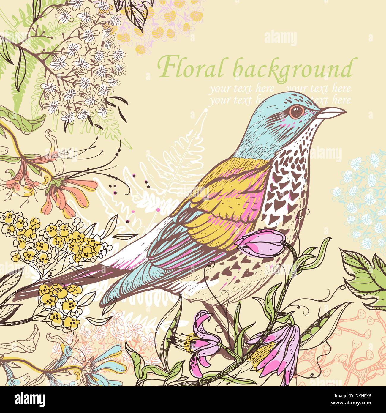 vector illustration of a colorful bird and blooming summer flowers ...
