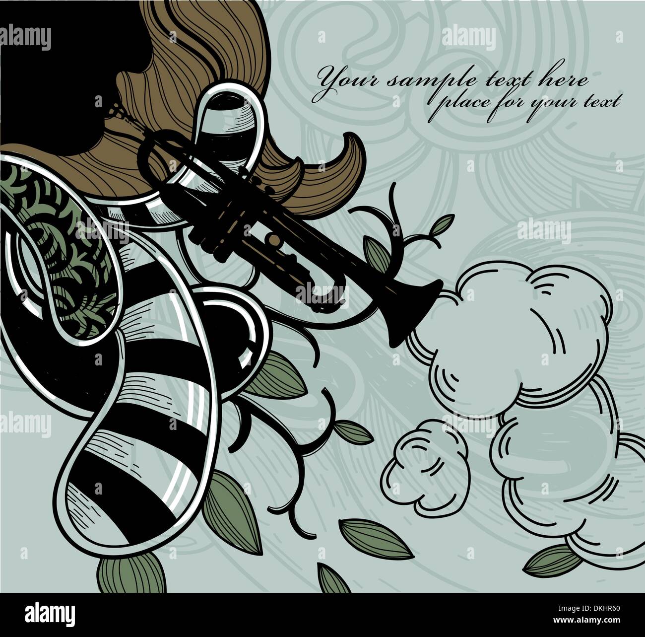 vector illustration of an abstract trumpet and fantasy plants Stock ...